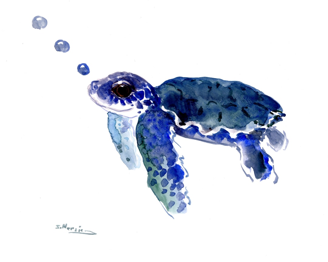 Blue Sea Turtle Illustration, Original Watercolor Painting - Etsy