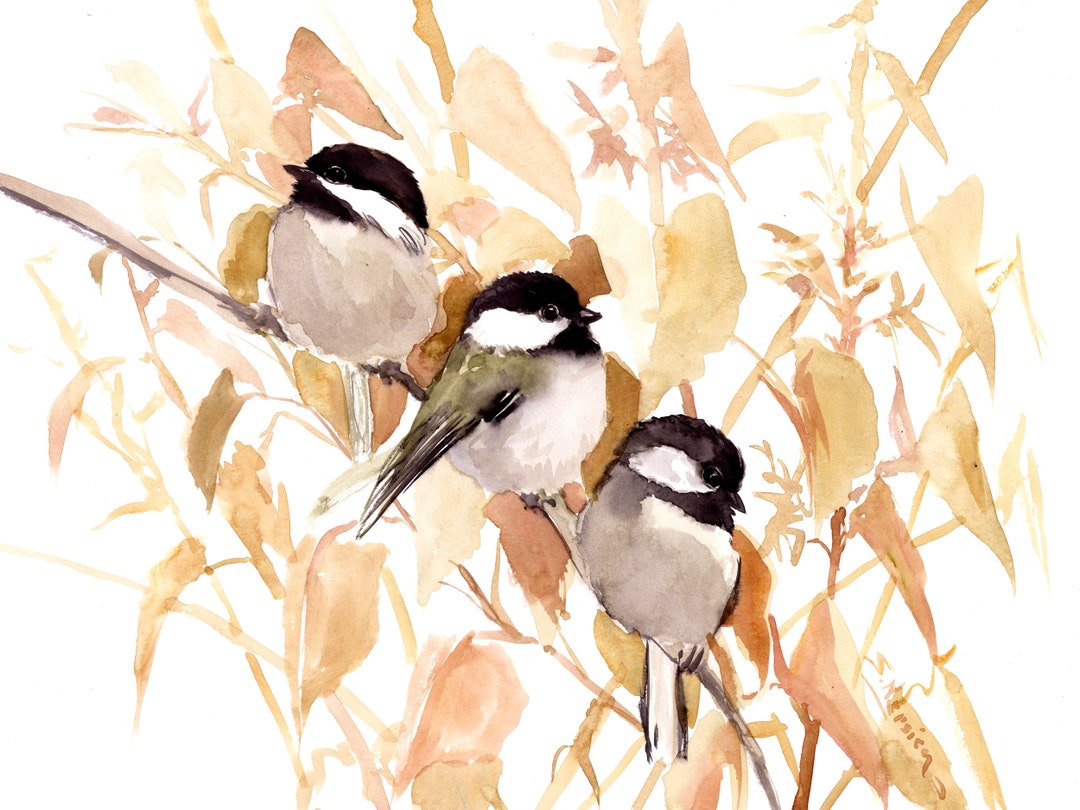 Original Artwork- Three Chickadees in the Fall, Watercolor Birds and ...