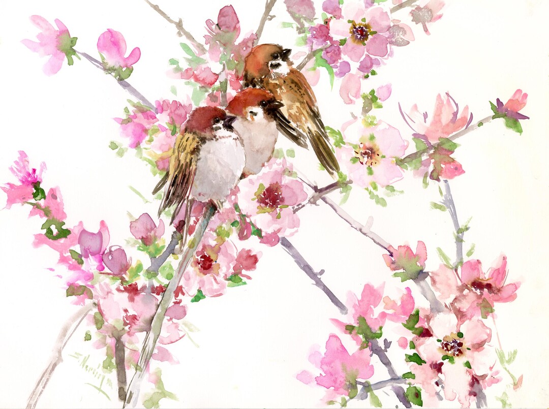 Sparrows on the Spring Tree, Original Watercolor Painting - Etsy