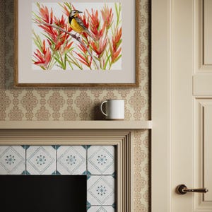 Meadowlark and Indian Paintbrush Flowers Watercolor Artwork, Original ...