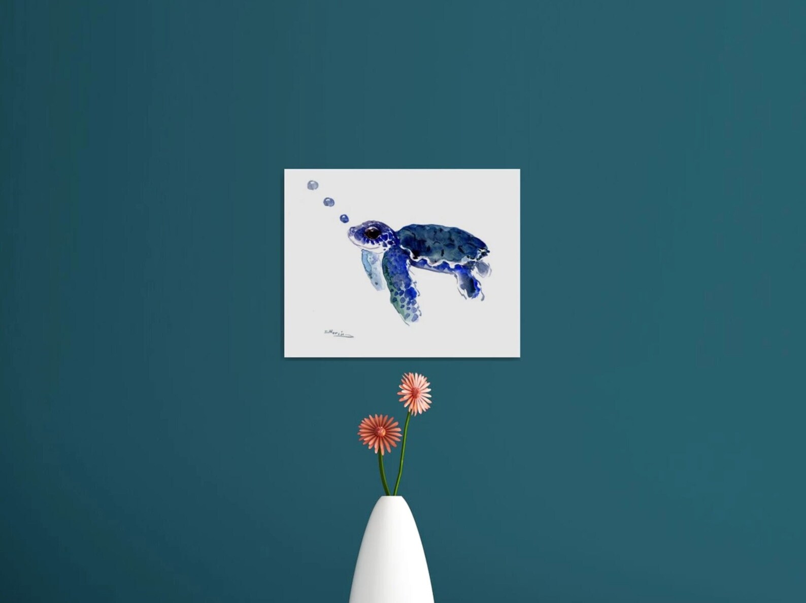 Blue Sea Turtle Illustration, Original Watercolor Painting - Etsy