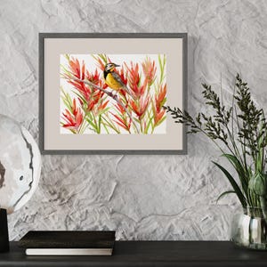 Meadowlark and Indian Paintbrush Flowers Watercolor Artwork, Original ...