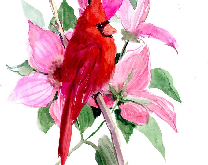 Cardinal Bird and Pink Flowers Originl Watercolor Artwork, Nature ...