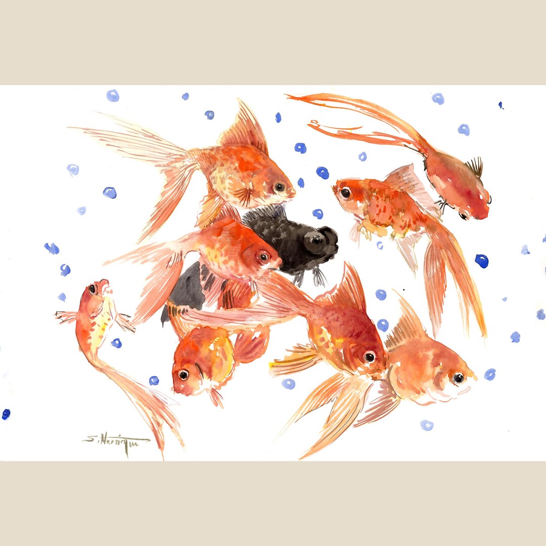 Feng Shui - Nine Fish Artwork, an Original Watercolor Goldfish Painting ...