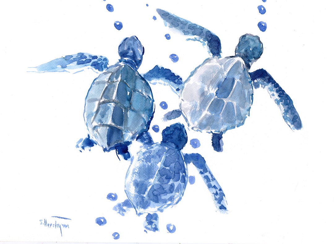 Sea Turtle Artwork, Original Watercolor Painting of Three Blue Sea ...