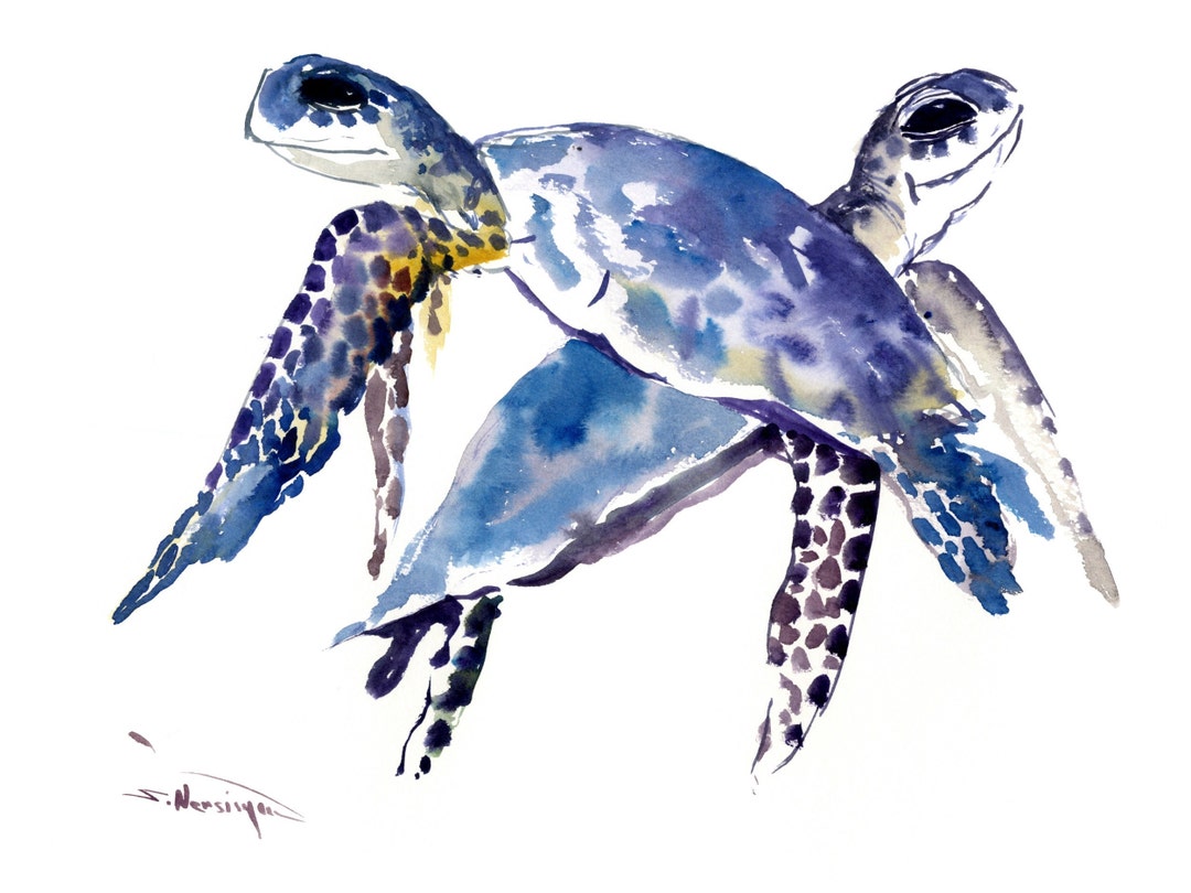 Sea Turtle Artwork, Two Happy Turtles Original Watercolor Painting, Sea ...