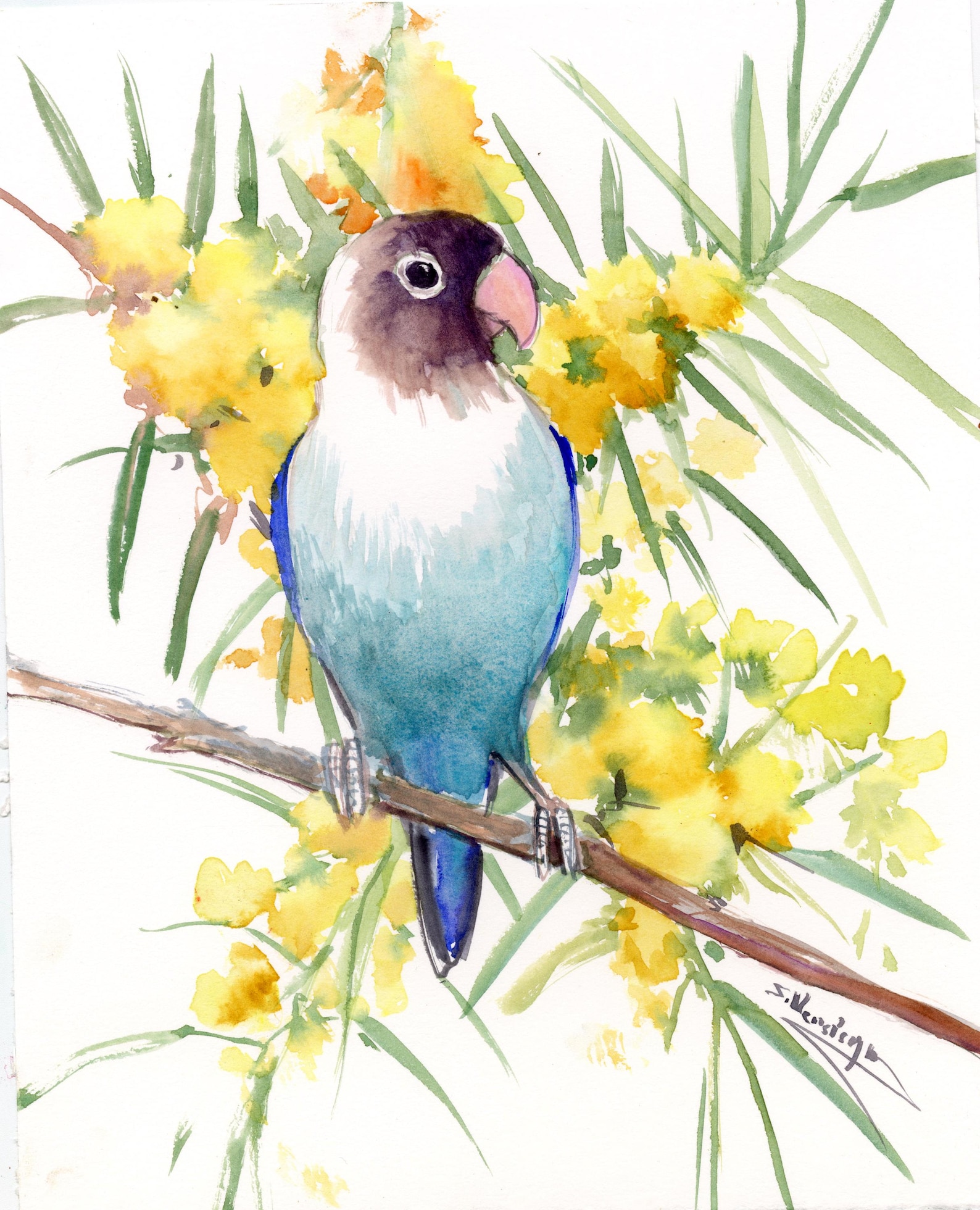 Blue Lovebird Artwork, Original Watercolor Painting by Artist Suren ...