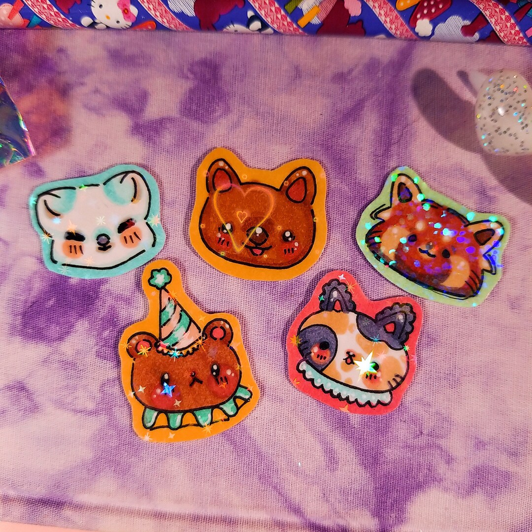 Holographic Cute Animal Friends Stickers, Set of 5, Hand-drawn Original ...