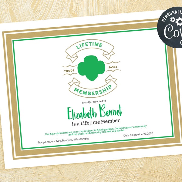 Girl Scouts Lifetime Membership Certificate - Etsy