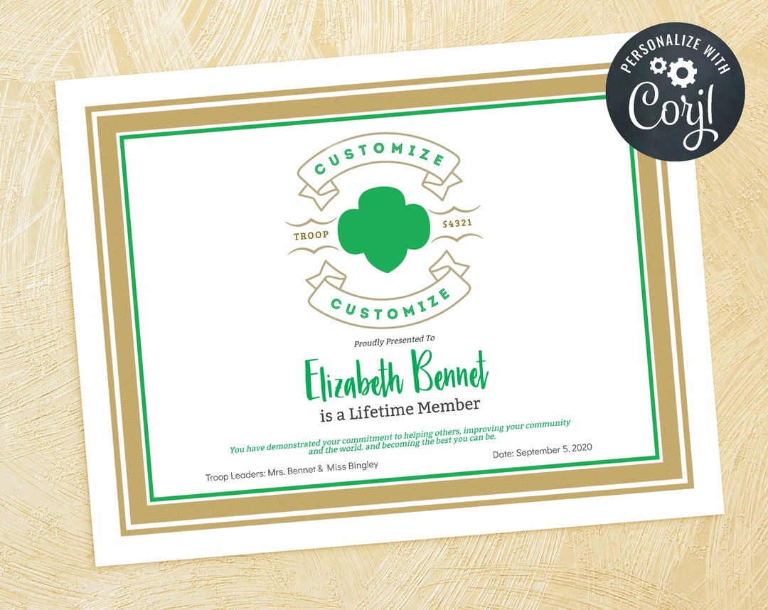 Girl Scout Formal Certificate. Customizable Banners. Downloadable ...