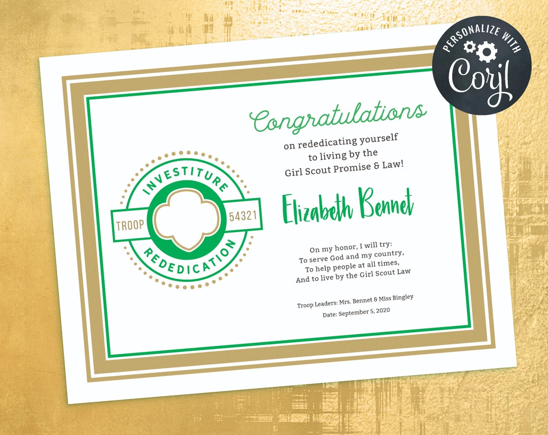 Girl Scout Investiture/rededication Certificate All Levels Customizable ...