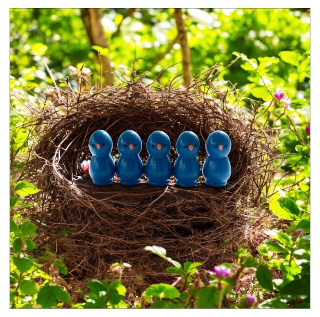 Set of 5 Blue Bird Peg Dolls Woodland Farm Dollhouse Modern Wood Toy ...