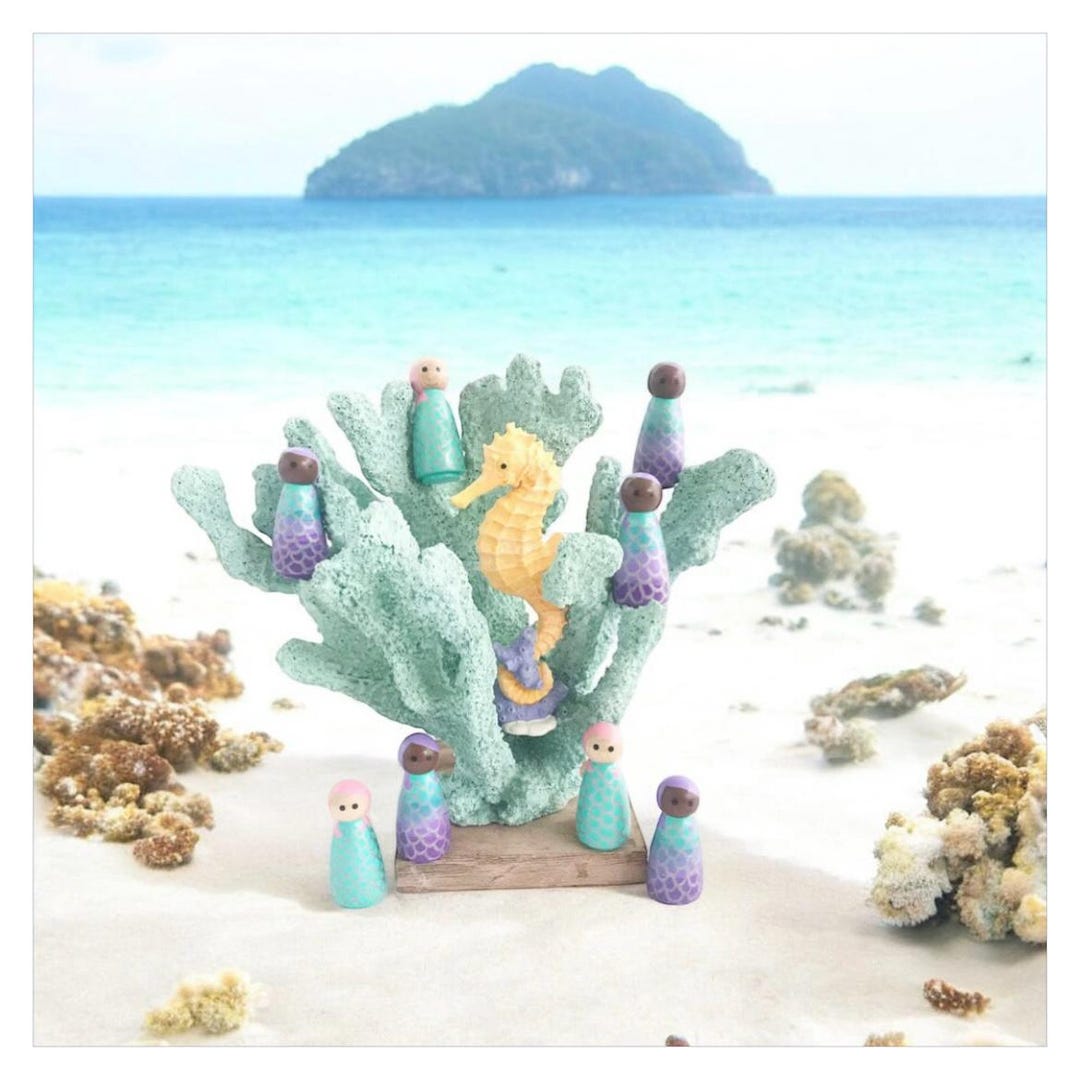 Set of 2 Mini Mermaid Peg Dolls Mixed Skin Tones 2” Tall Imagination ...