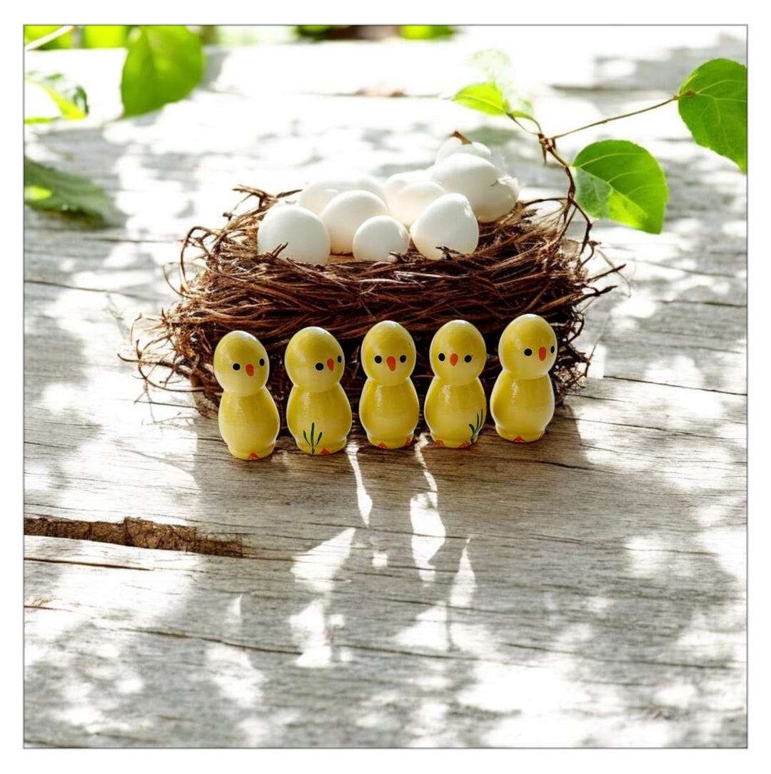 Set of 5 Baby Chicks Yellow Birds Animals Peg Dolls Easter Farm ...