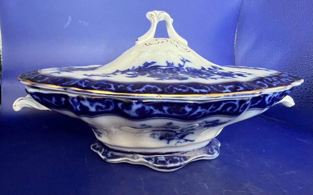 11" Flow Blue Covered Vegetable Bowl - Touraine Pattern by Stanley ...