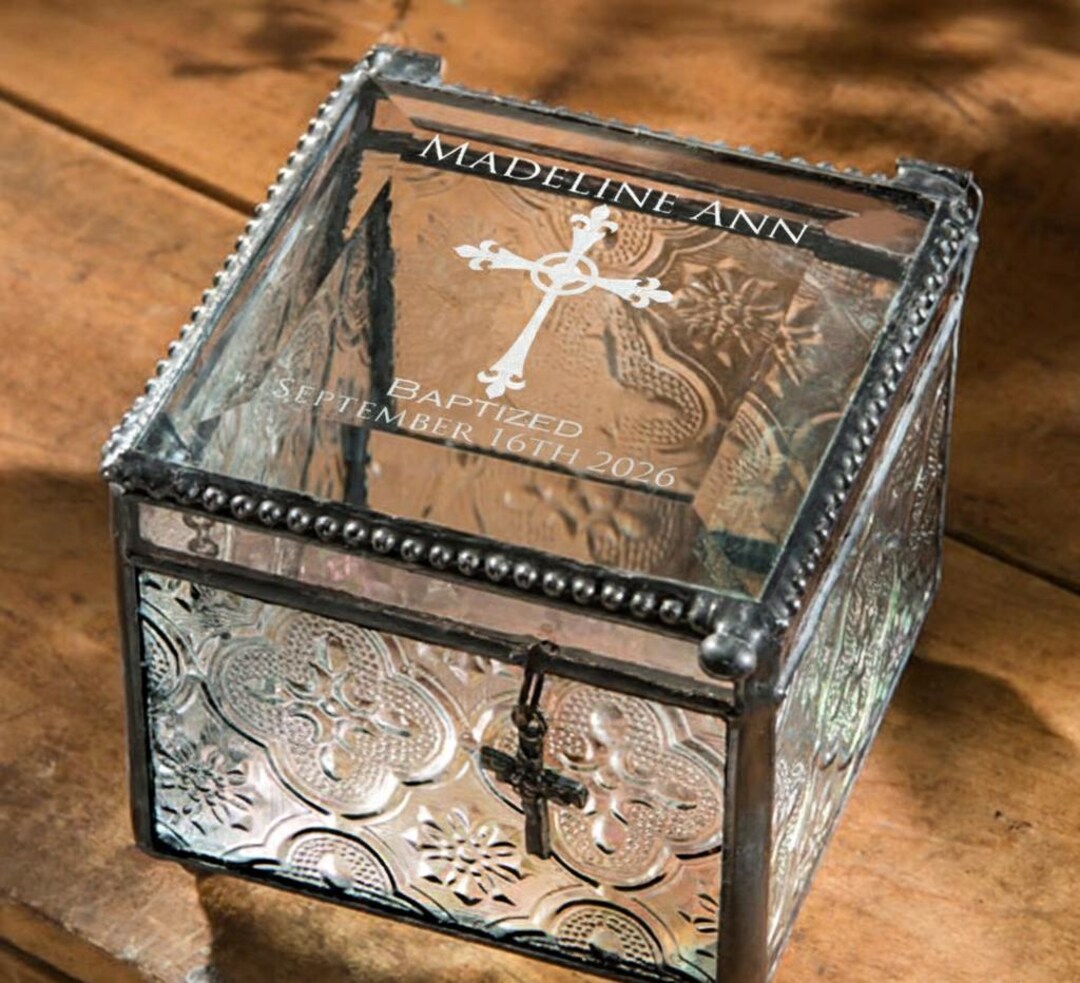 Personalized Baptism Keepsake Box – Engraved Cross Charm, Stained Glass ...