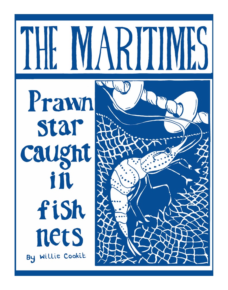 Prawn Art Print, Wall Art, Humour Print, Coastal Art, Blue and White ...