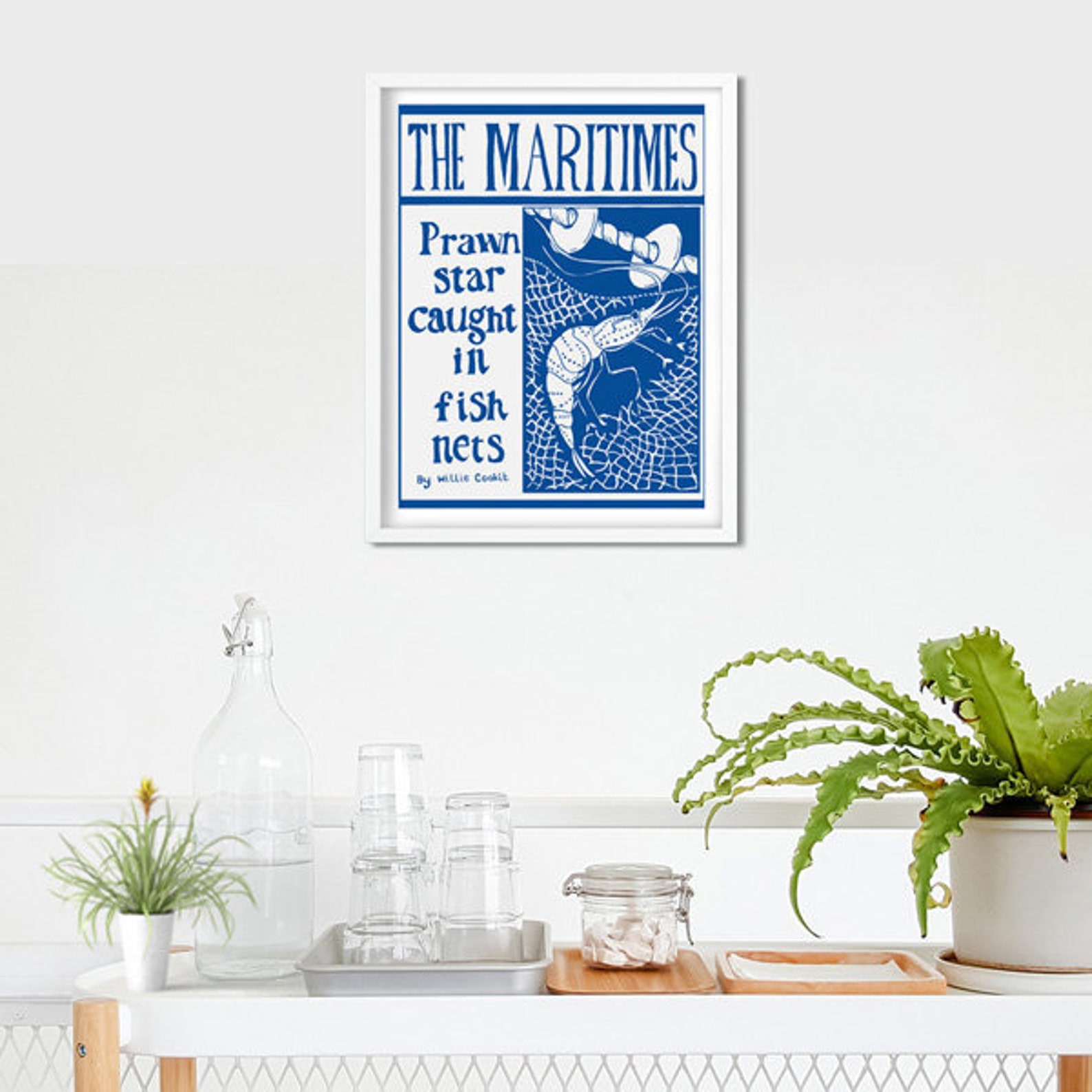 Prawn Art Print, Wall Art, Humour Print, Coastal Art, Blue and White ...