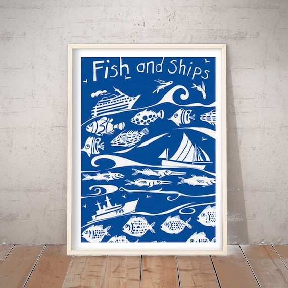 Fish Art Print Wall Art Blue and White Print Boat Print | Etsy UK