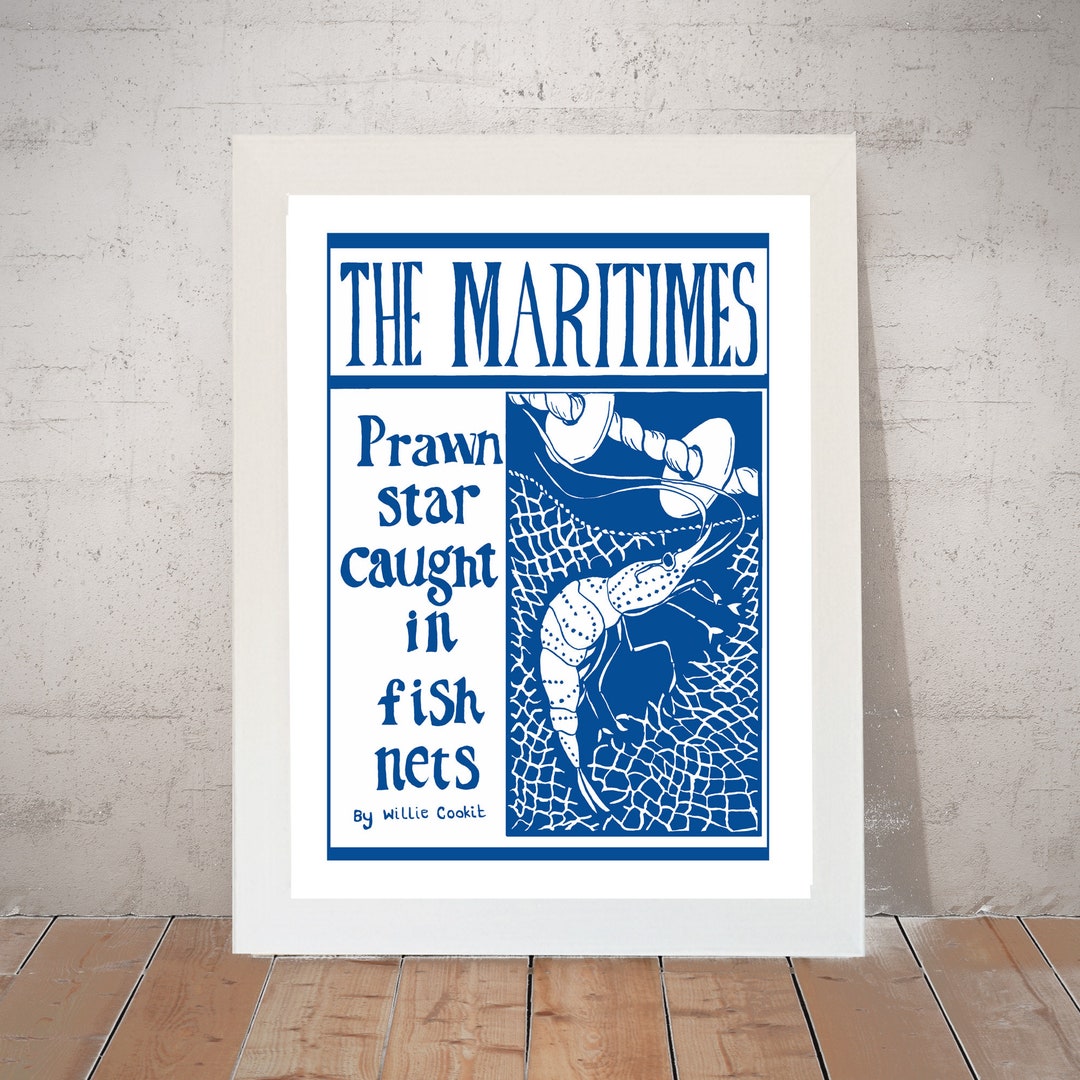 Prawn Art Print, Wall Art, Humour Print, Coastal Art, Blue and White ...