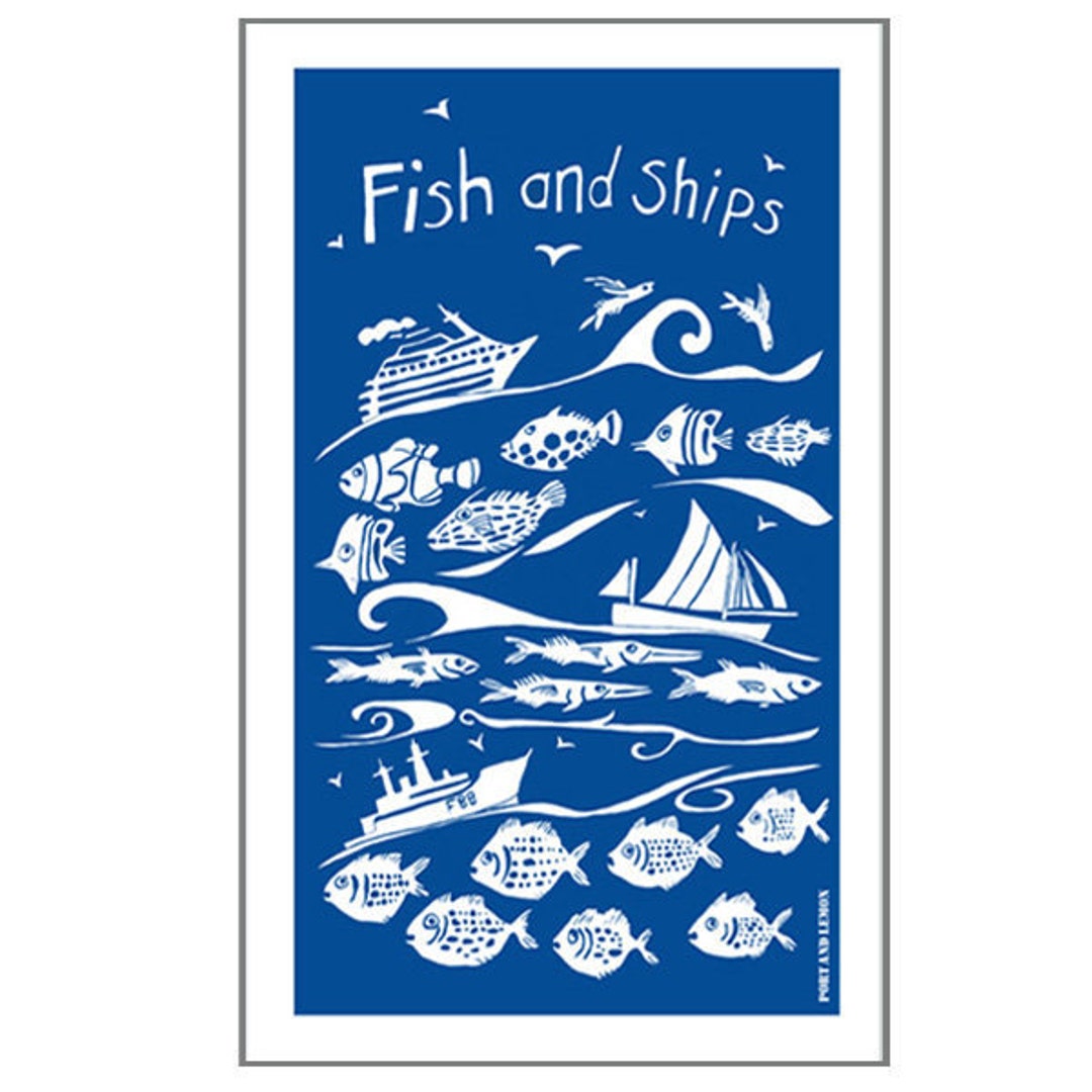 Tea Towel "fish and Ships" Design, Galley Cloth, Blue and White, Boats ...