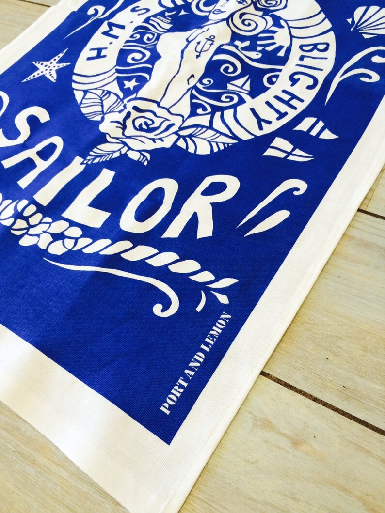 Tea Towel, Hello Sailor, Tatto Design, Galley Cloth, Blue and White Tea ...