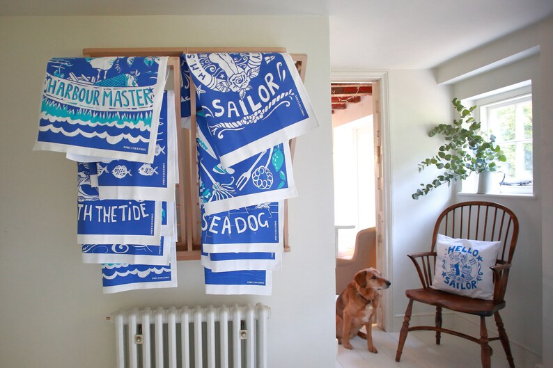 Tea Towel, Galley Cloth, Drying Cloth, Blue and White, Dog Tea Towel ...