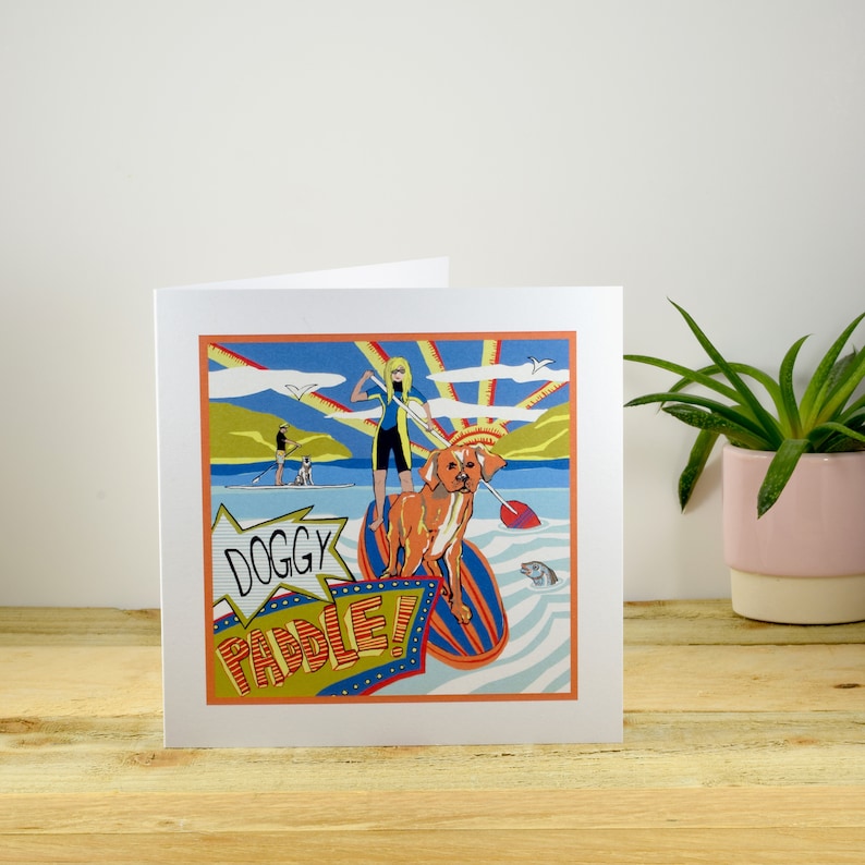 Paddle Boarding Card, Dog Card, Coastal Art, Watersports Card, Surfers ...