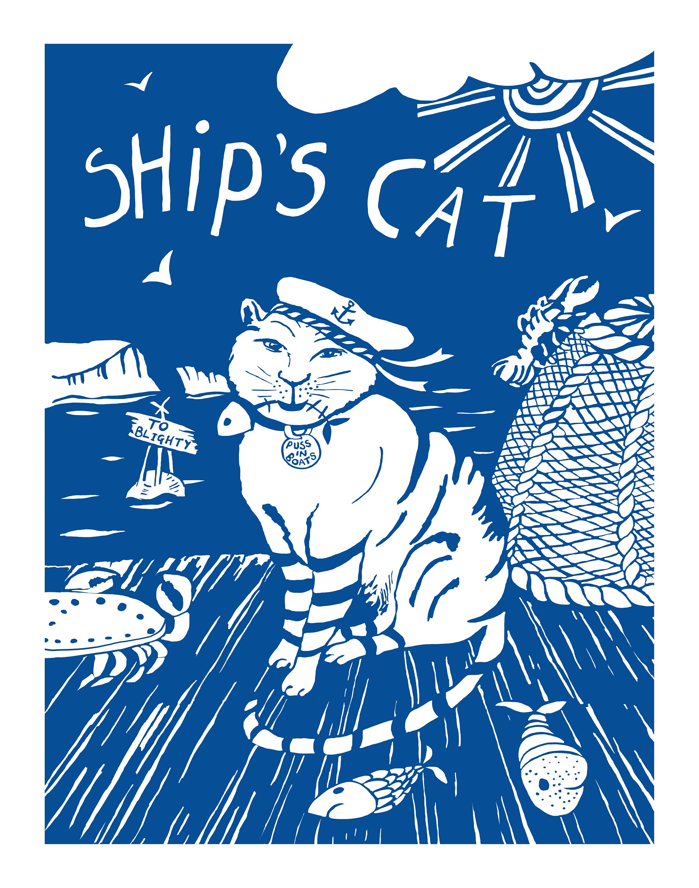 Sailing Cat Art Print, Wall Art, Blue and White Print, Coastal Art ...