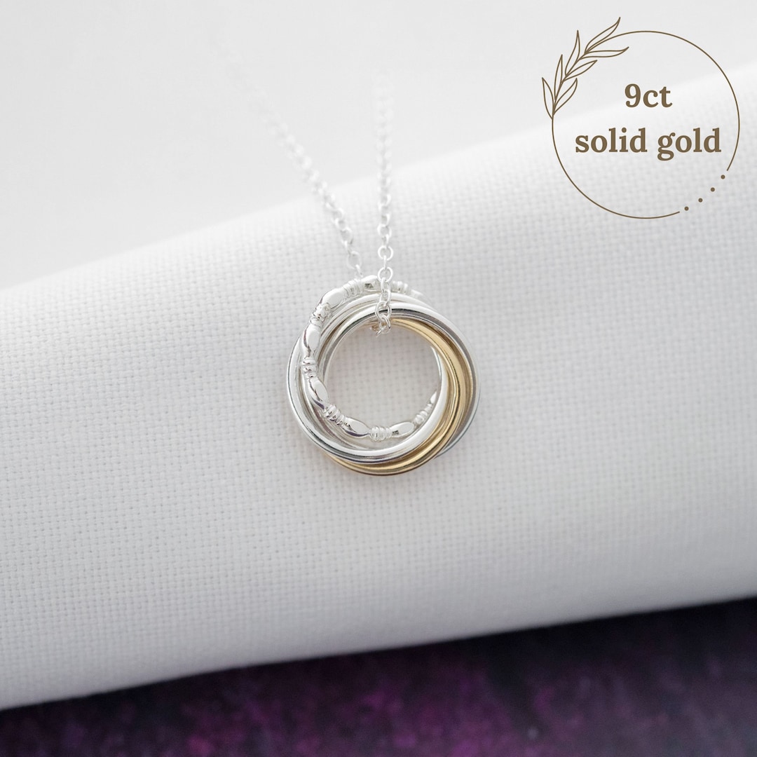 9ct Gold and Silver 50th Birthday Necklace, 5 Decades Necklace, 5 Ring ...