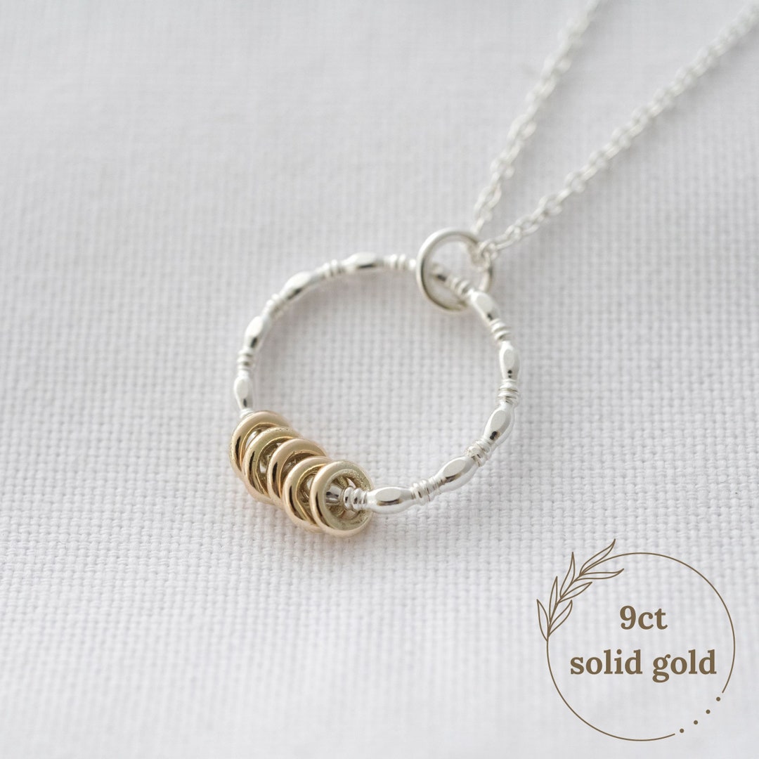 50th Birthday 9ct Gold and Sterling Silver Circle Necklace, 5 Ring ...