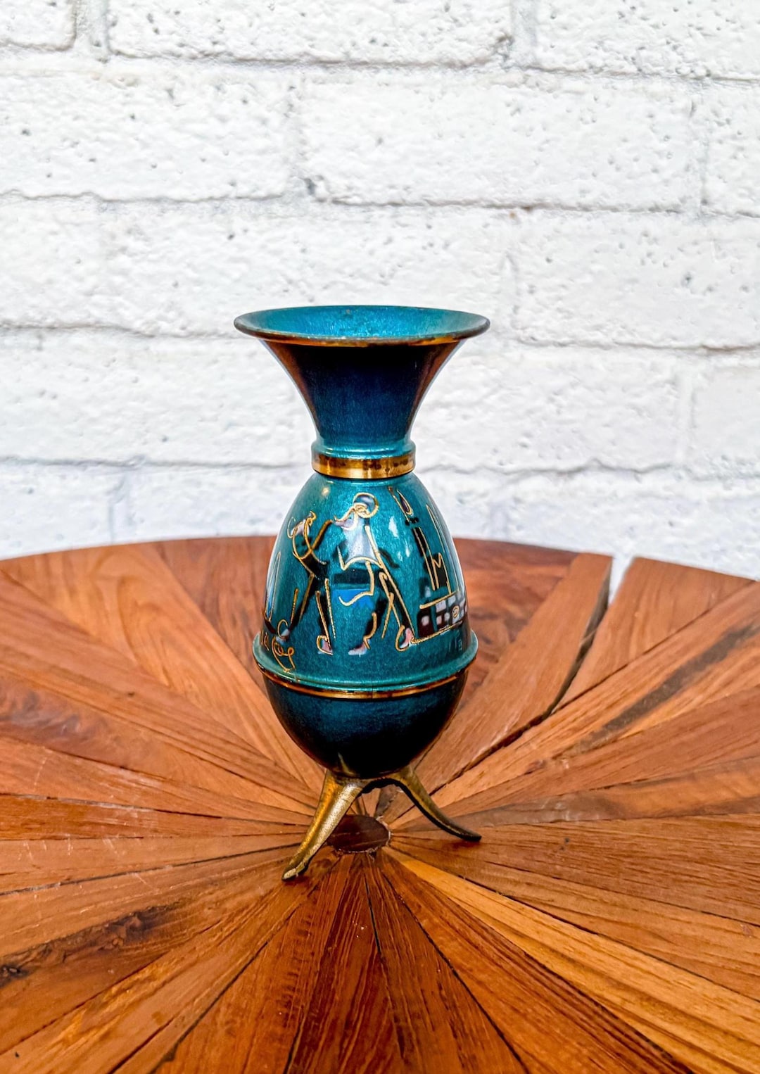Vintage Handpainted Israeli Brass Vase With Footed Base - Etsy