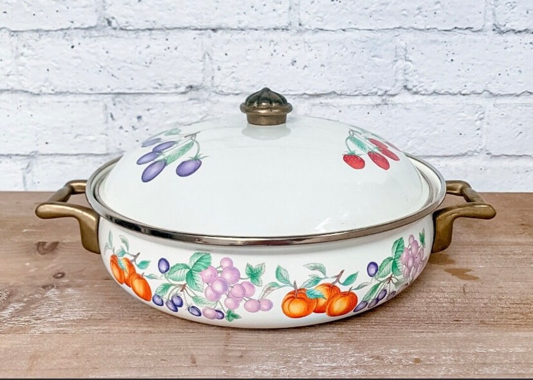 Vintage Fruit Pattern Enamelware Cooking Pot / Pan With Lid - Etsy