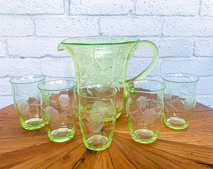 Vintage Vaseline Uranium Glass Pitcher and 5 Drinking Glasses Set With ...