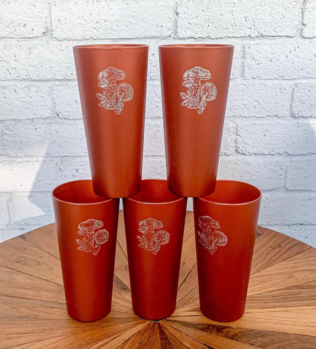 Vintage Copper Colored Plastic Tumblers With Silver Mushrooms, by Nasco ...