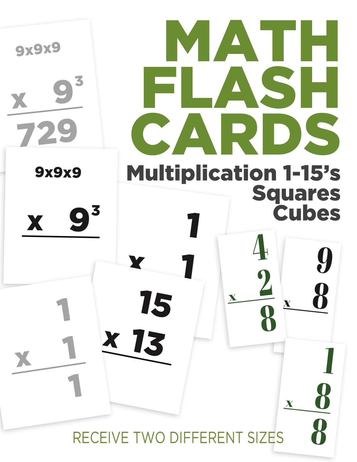 Multiplication Flash Cards 1-15 PLUS Squares and Cubes - Etsy