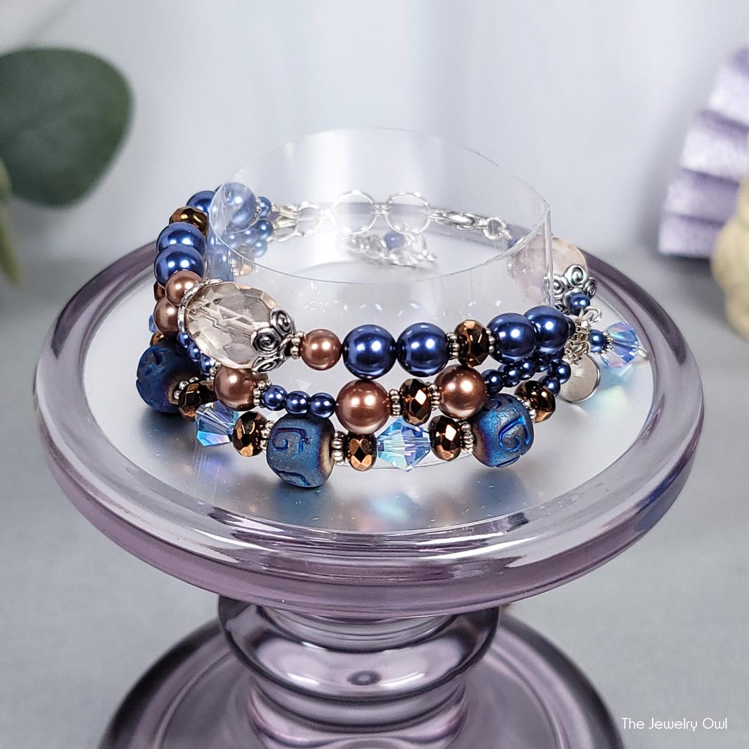 Blue and Brown 3 Strand Beaded Bracelet - Etsy