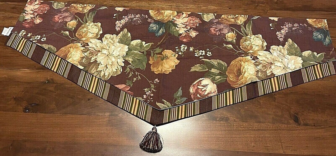 Vintage Waverly Dark Red Olive Green Gold Tan Floral Stripe Ascot Lined ...