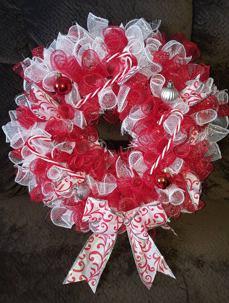 Candy Cane Themed Christmas Deco Mesh Wreath Etsy