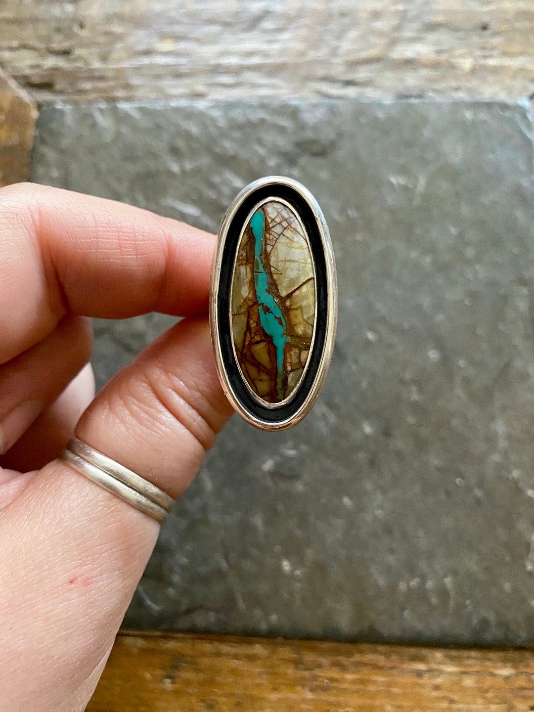 SIZE 7.5 Royston Ribbon Turquoise Sterling Silver Shadowbox Oval ...