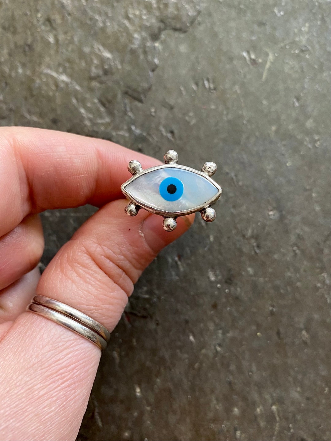 SIZE 9 Evil Eye Inlay Mother of Pearl Sterling Silver Turquoise Stone ...