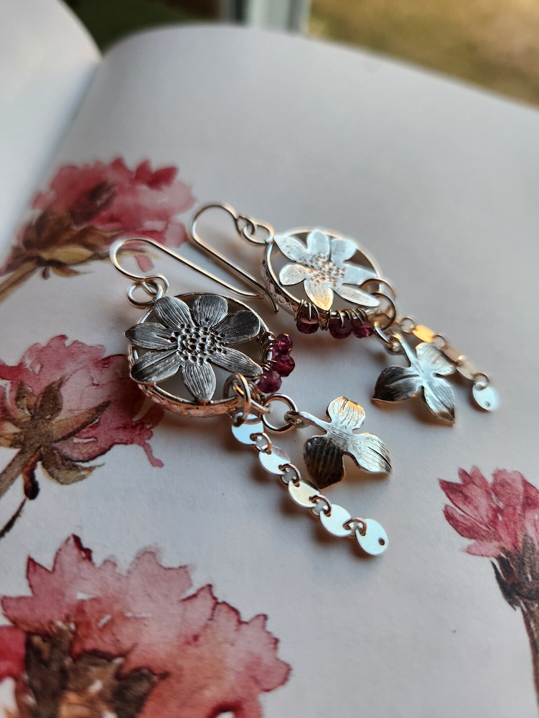 Wildflower Earrings, Hepatica Flowers, Spring Ephemerals, Garnet ...