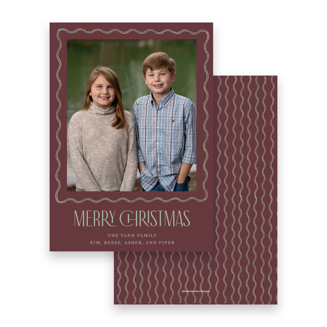 Christmas Holiday Photo Card - Cranberry Maroon Mint Wavy Double Border ...