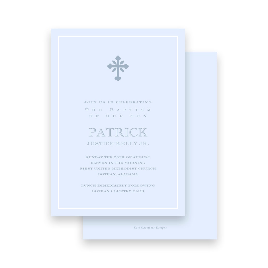 Baptism Dedication Invitation - Simple Blue Cross - by Kate Chambers ...