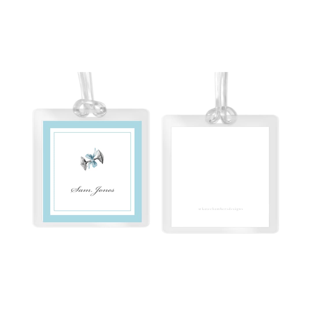 Laminated Bag Tag Boys Watercolor Silver Rattle With Blue Bow by Kate ...