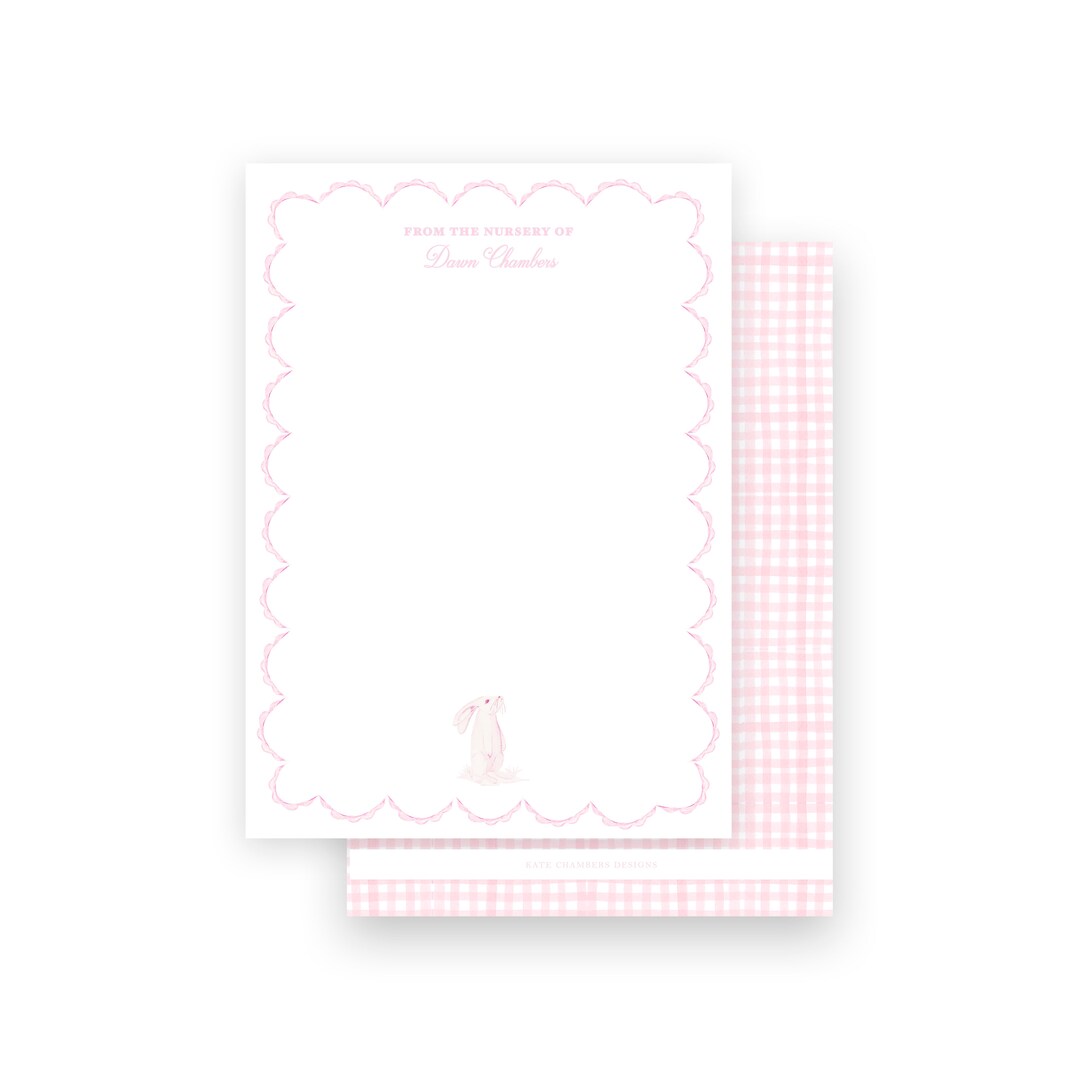 Pink Watercolor Bunny Scallop Border Baby Stationery Flat Printed Cards ...