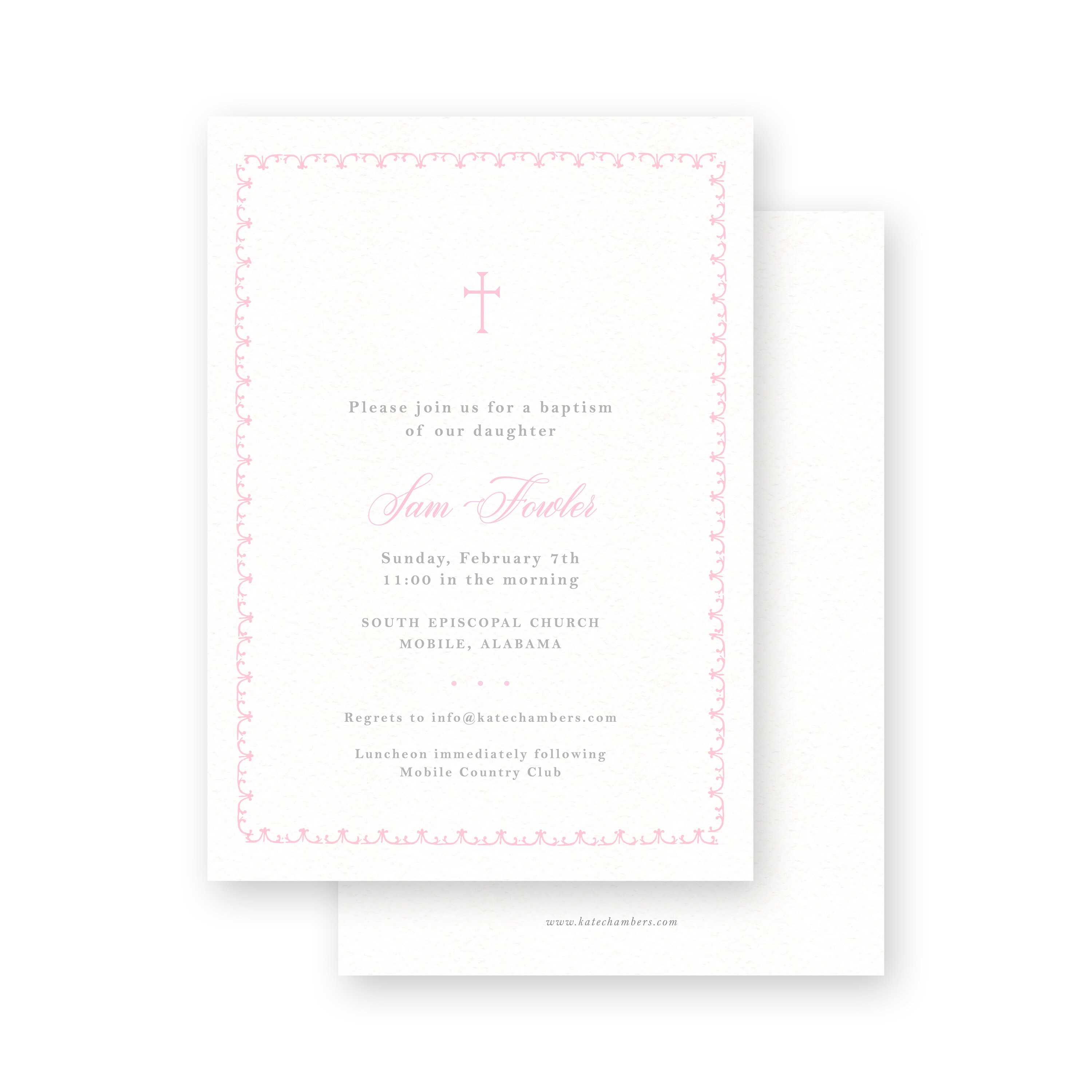 Baptism Dedication Invitation - Pink Simple Cross Scallop Border - by ...