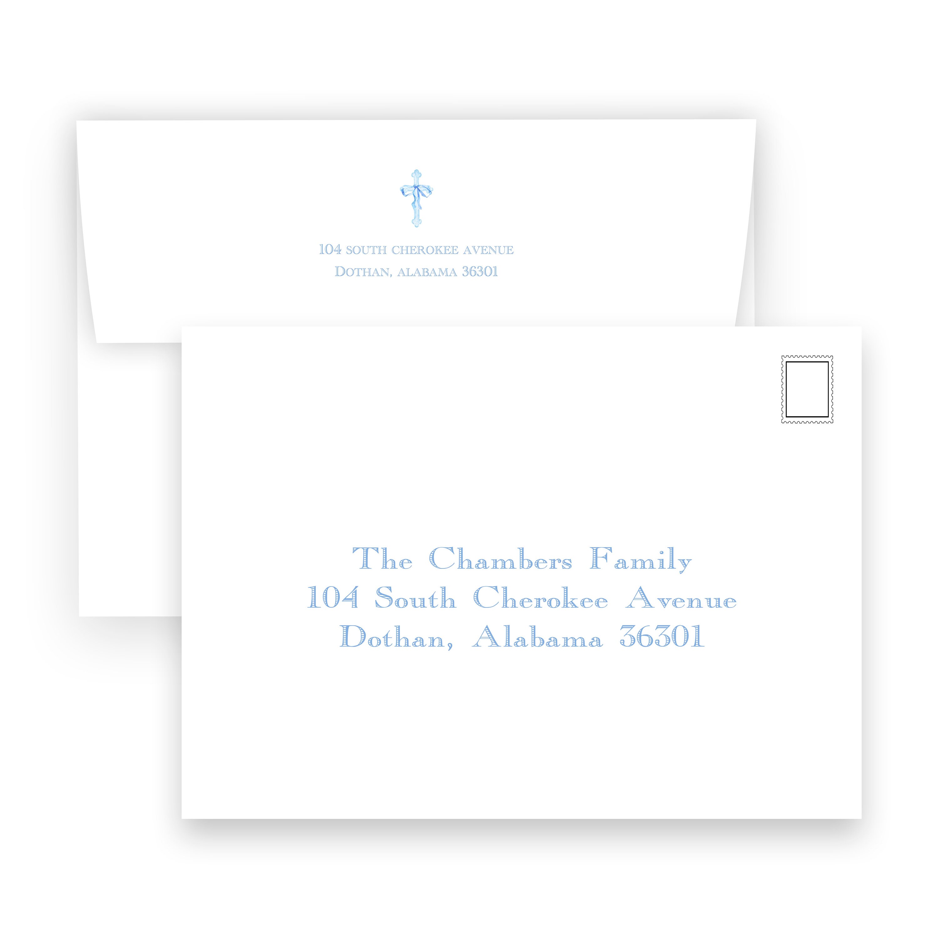 Baptism Dedication Invitation - Watercolor Blue Cross With Bow Ribbon ...