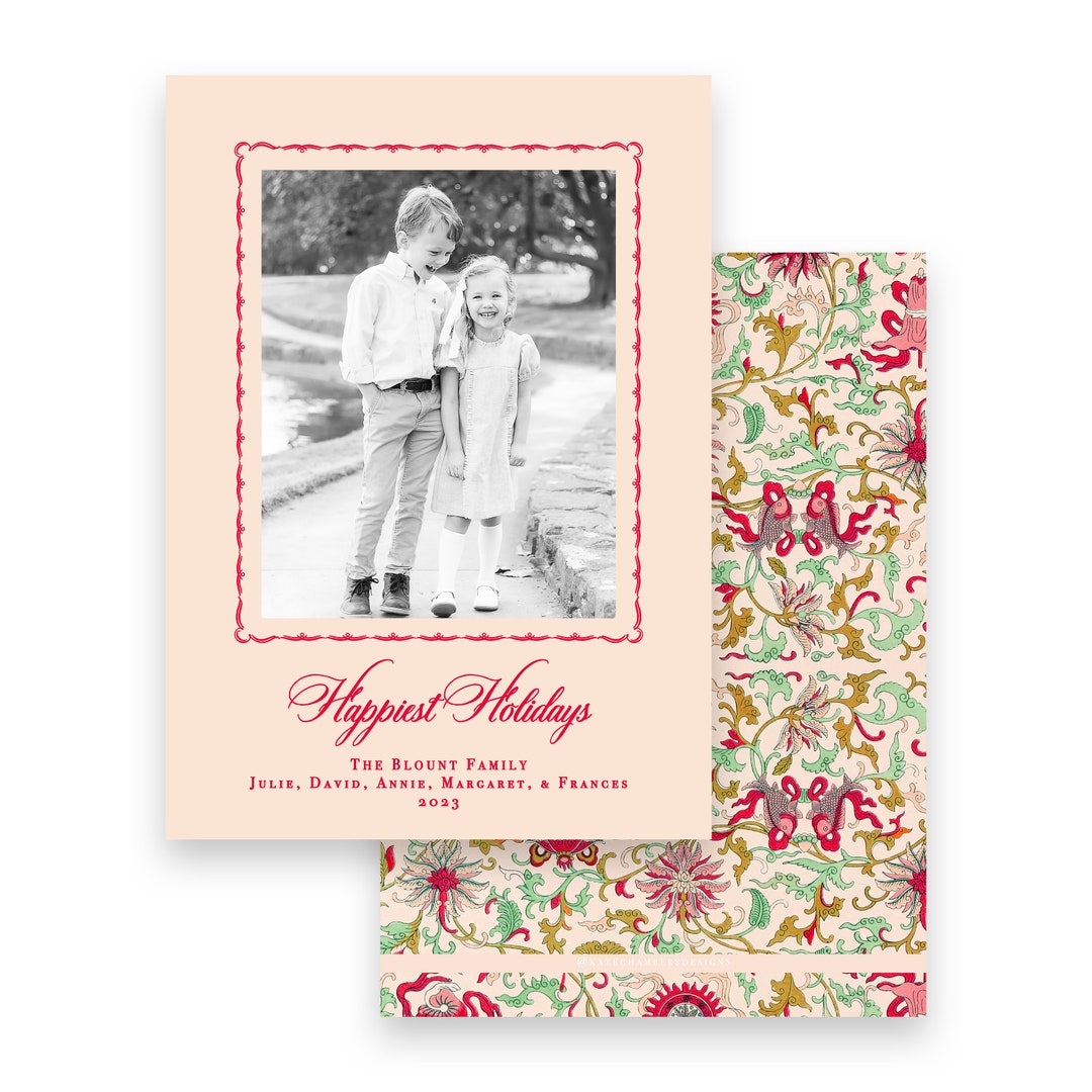 Christmas Holiday Photo Card Red Pink Border Florentine Back - Etsy