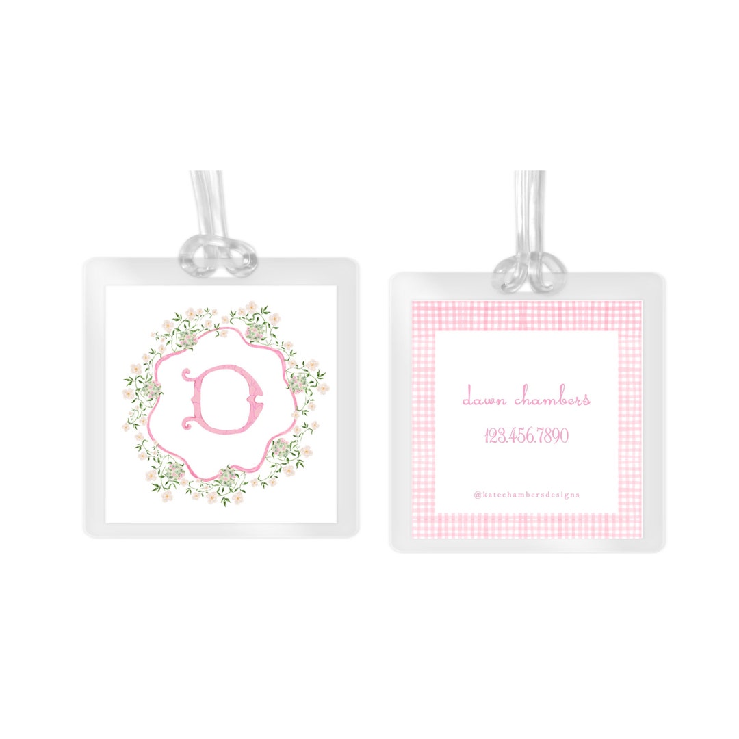 Laminated Bag Tag - Watercolor Pink Green Wreath Monogram - by Kate ...